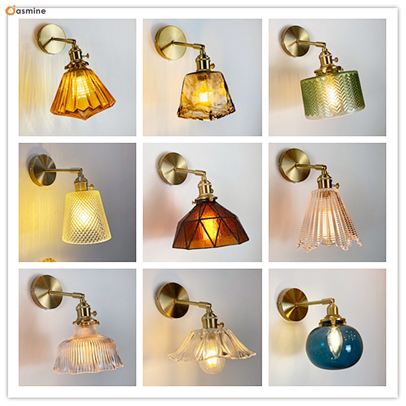 Retro brass glass wall lamp bedroom bedside lamp toilet cloakroom ...