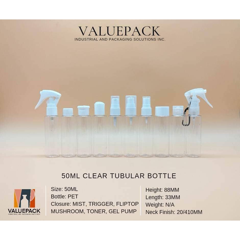 50ML CLEAR FLAT SHOULDER BOTTLES + MIST SPRAY, FLIPTOP CAP, GEL PUMP ...