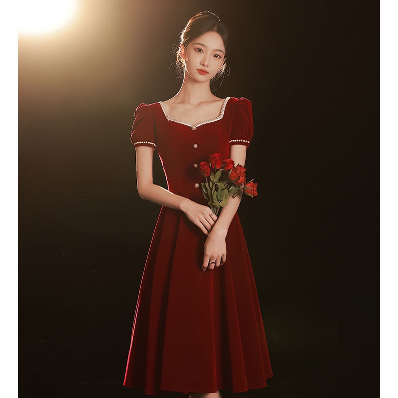Toast Dress Red Fashion Bride's Autumn Wine Red Engagement Dress Women ...