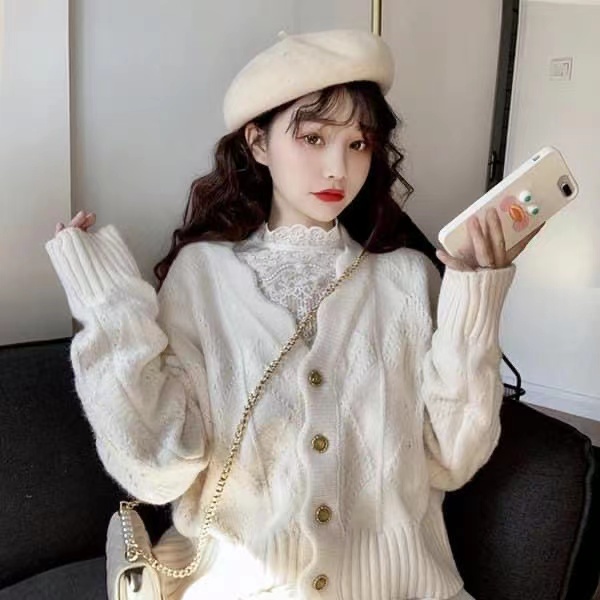 AAA Korean Style Twisted Cardigans Thick Short Sweater Retro V-Neck ...