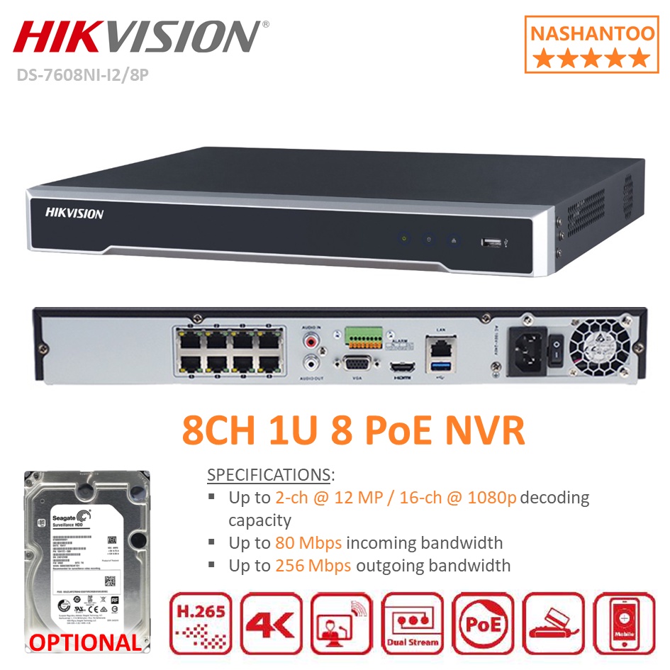 Hikvision DS-7608NI-I2/8P 8CH 8 PoE NVR, 2 SATA interfaces, 80Mbps ...