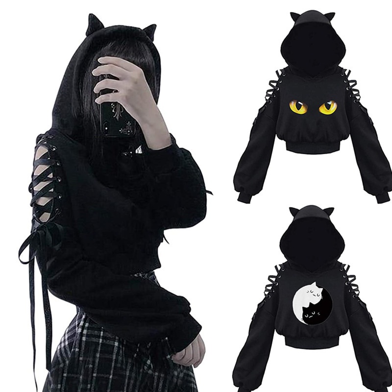 Women Cute Long-Sleeved Hoodie Cat Student Loose Black Ear Sweatshirt ...
