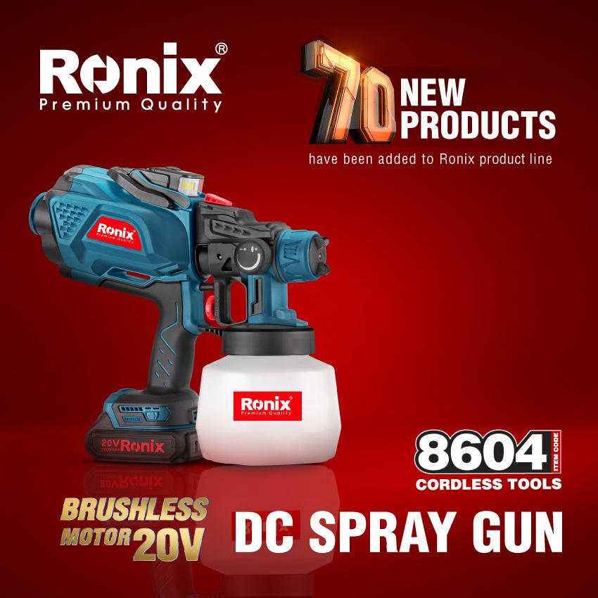 Ronix 8604 DC Spray Gun 20V Cordless 2000mAh 1200ml LED Nozzle 1.0mm 1 ...