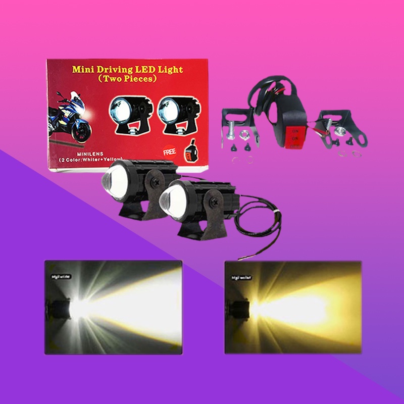 A Pair Mini Motorcycle Driving Light LED Waterproof White Yellow Double ...
