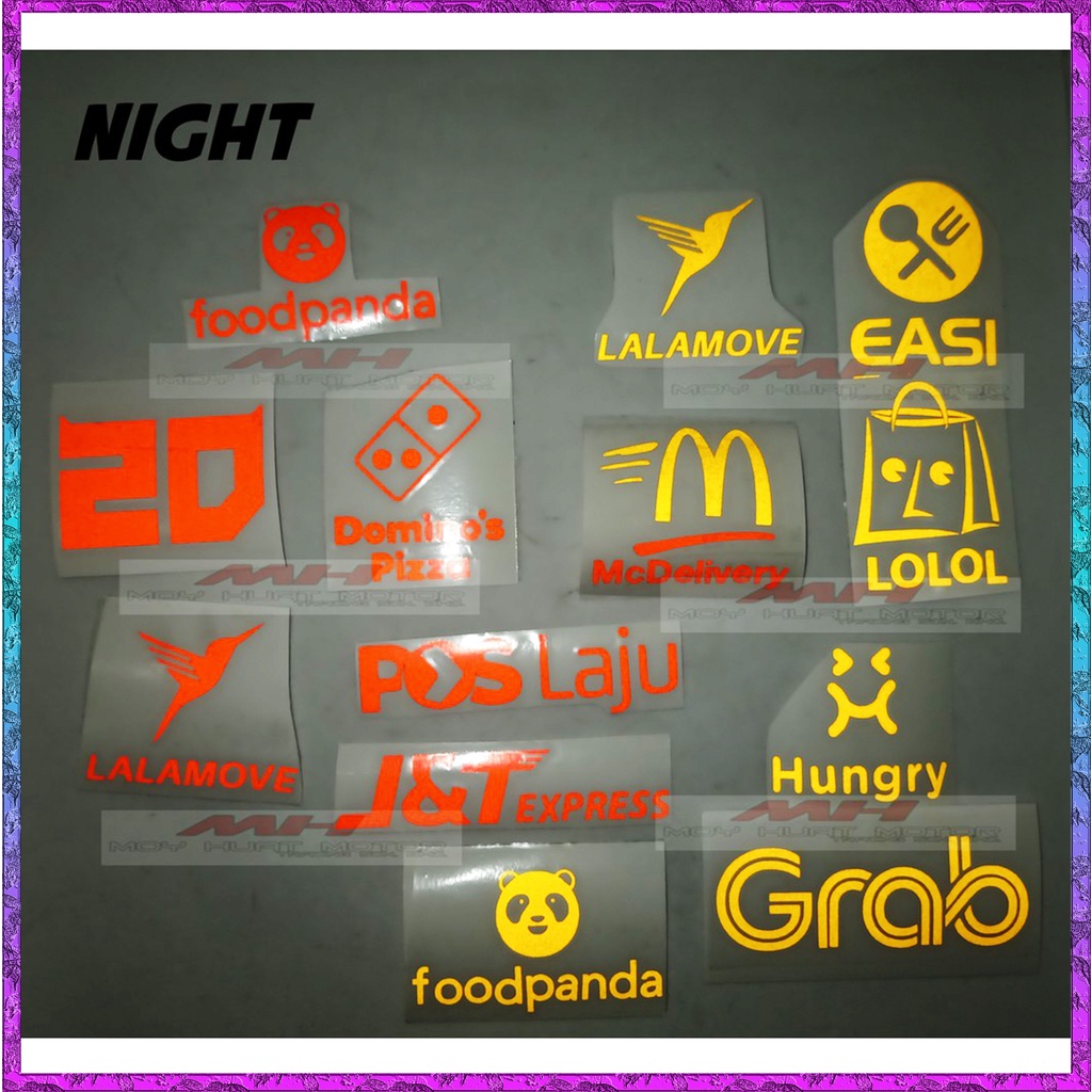REFLECTIVE STICKER MOTOR MOTORCYCLE FOOD RIDER GRAB MCD DELIVERY LOLOL ...