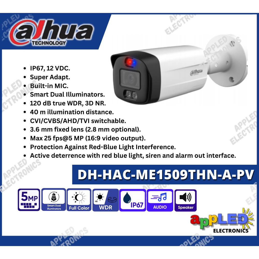 Dahua DH-HAC-ME1509THN-A-PV 5MP Smart Dual Illuminators Active Deterrence HDCVI Analog Bullet ...