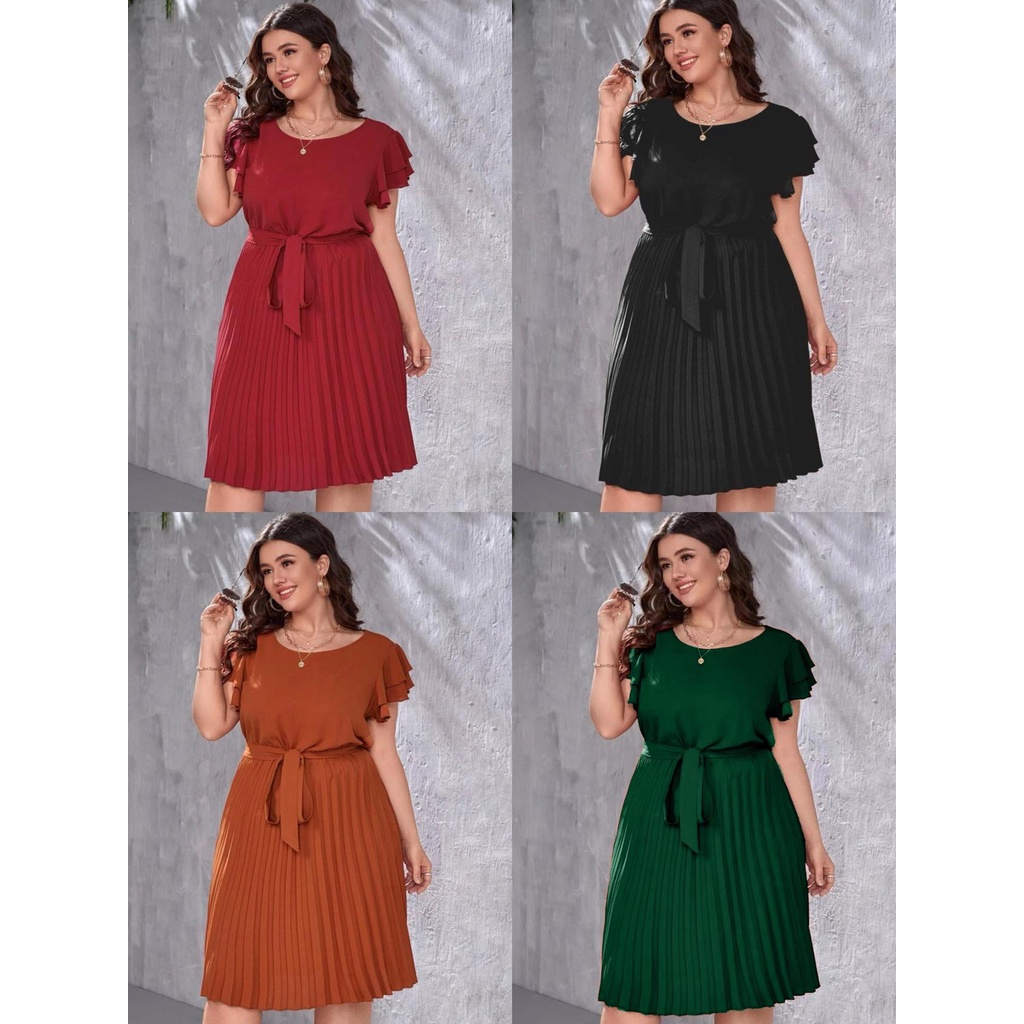 Simplee Pleated Hem Ruffle Sleeve Self Belt Plus Size Dress A3011 ...