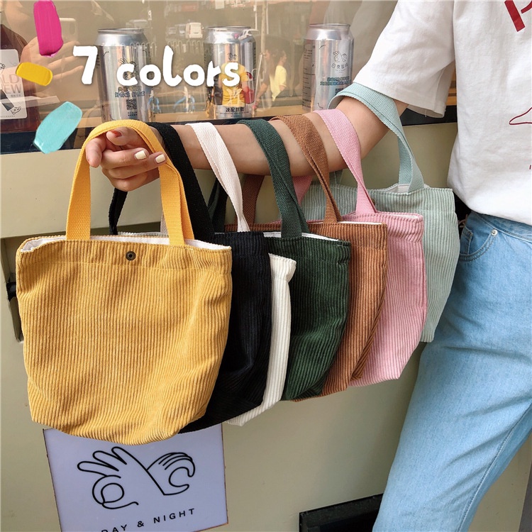 Fresh solid color hand carry lunch bag casual corduroy handbag mommy ...