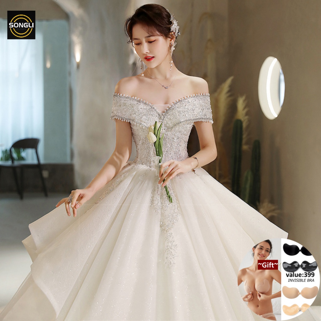 French off shoulder wedding gown Bride's European and American palace ...