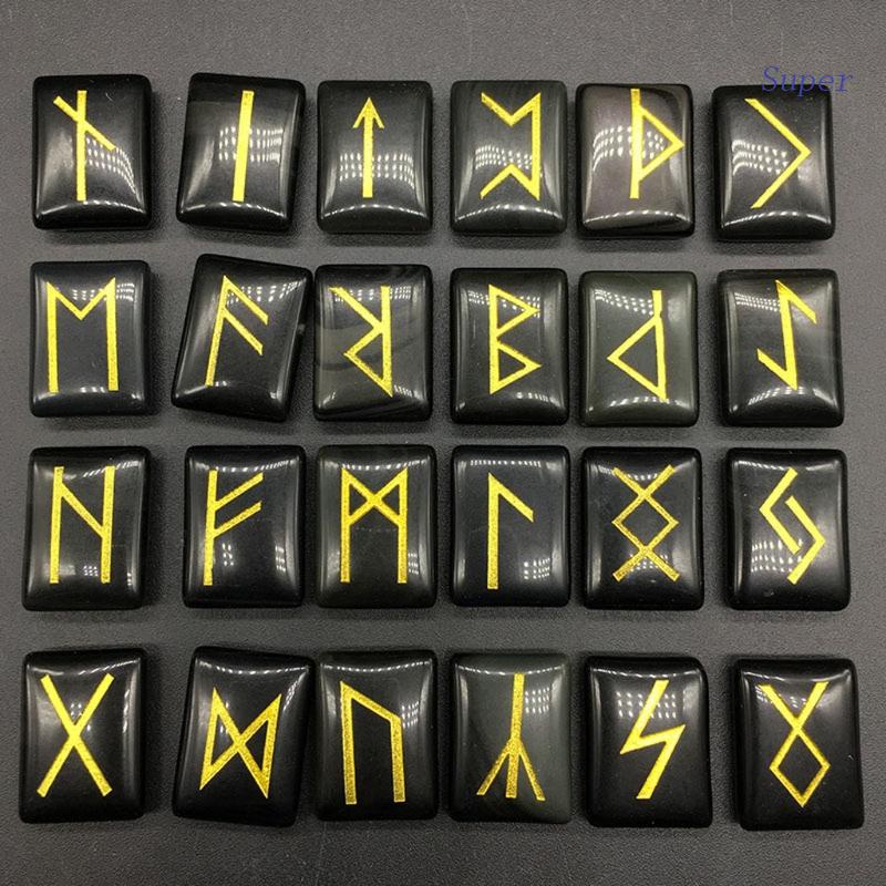Super 25Pcs Black Obsidian Rune Stones Set with Engraved Elder Futhark ...
