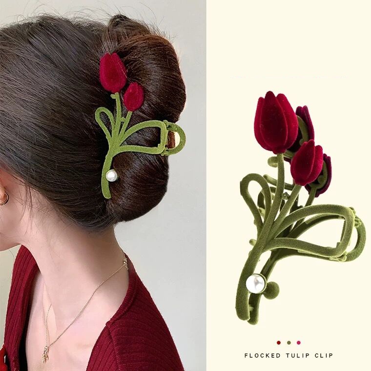Haimeikang Korean Vintage Red Velvet Tulip Hairpin Sweet Girly Pearl ...