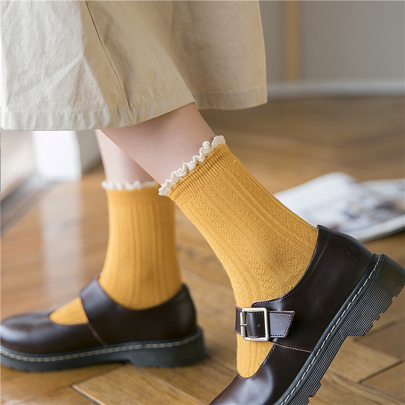 Solid Color Japanese Lace Socks Female's Medium Stockings Solid Color ...