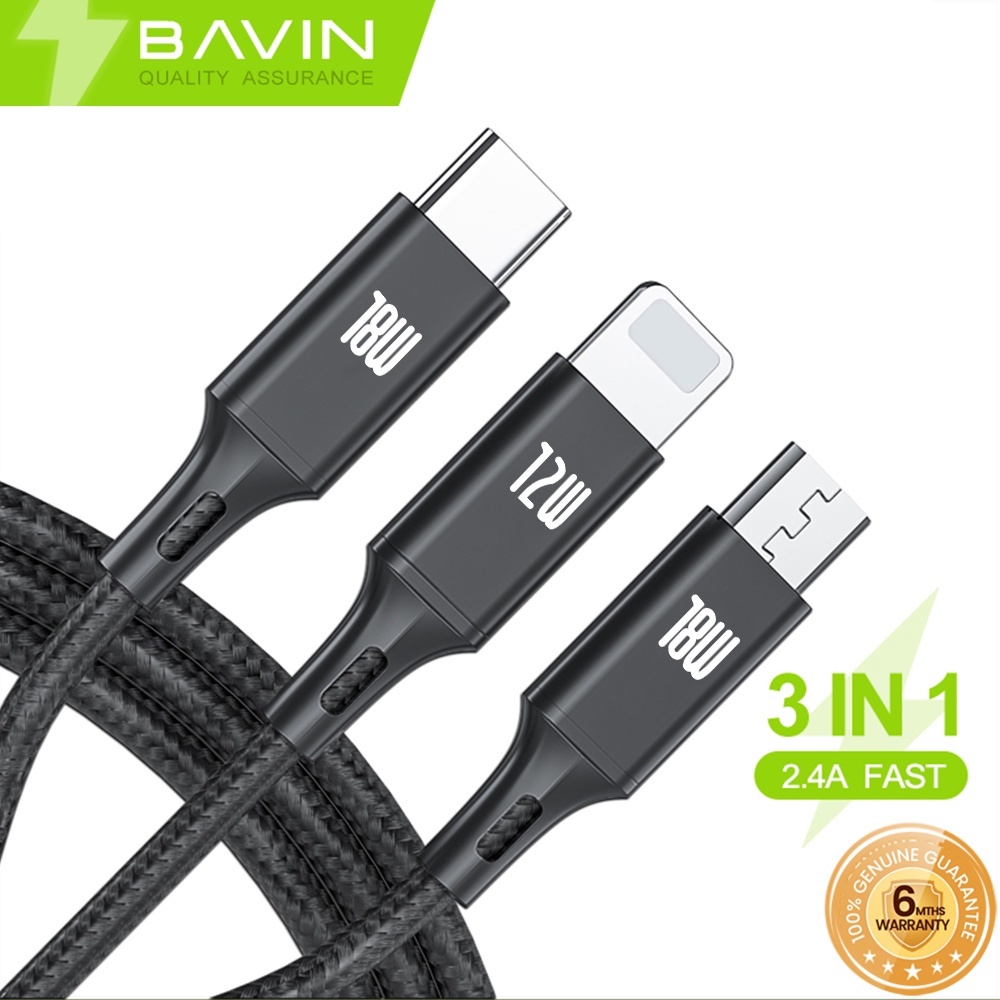 BAVIN CB076 3 in 1 Fast Charging Cable Strong Quality Nylon Braided USB ...