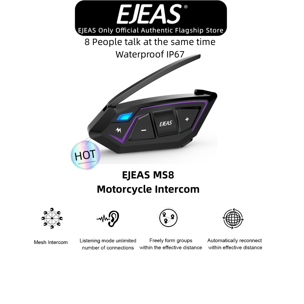 EJEAS MS8 Motorcycle Intercom Helmet Headset Bluetooth 5.1 Quick Pair Waterproof Up to 8 Riders ...