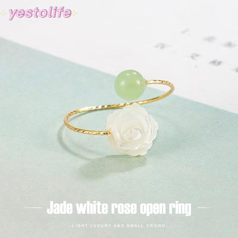 Jade White Rose Flower Opening Ring Female Light Luxury Niche Design ...