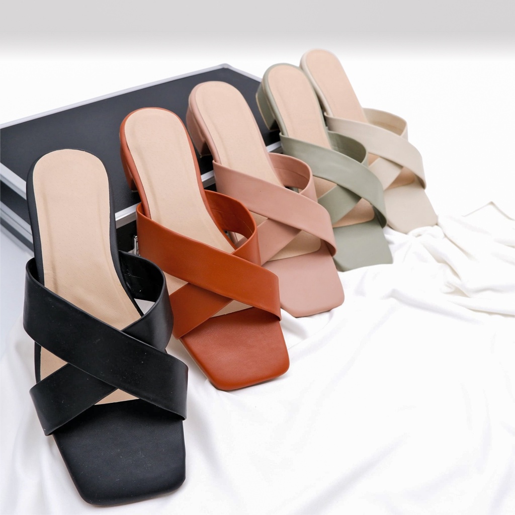 R&A509 1-Inch Plain & Wide Vegan Leather Cross Toe Straps Heeled Slides ...