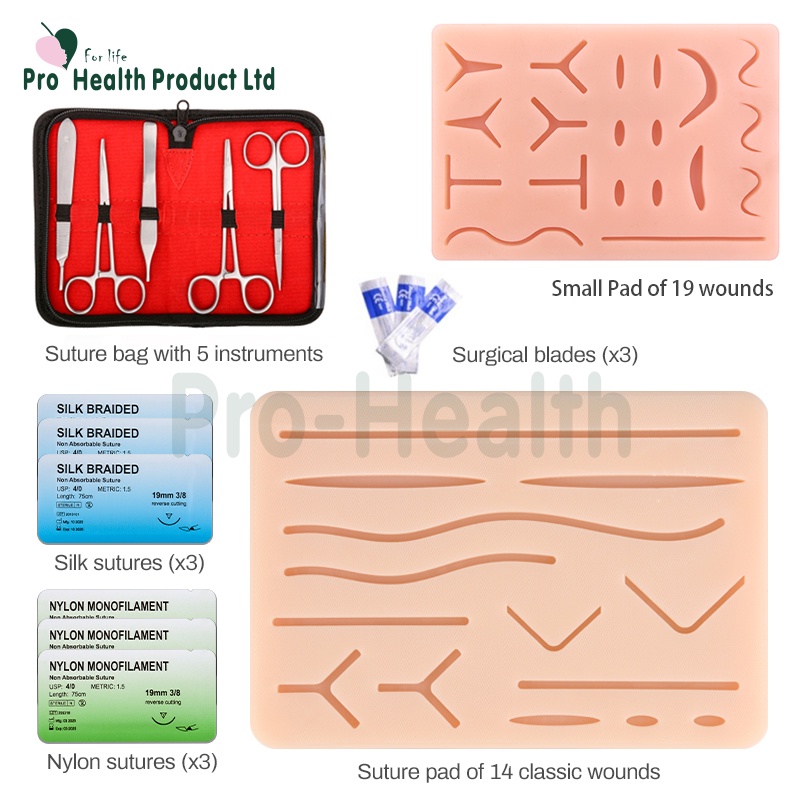 Suture Practice Full Kit 3-layer Silicone Suture Pad of 14 Classic Wounds Curved Suture Pad of ...