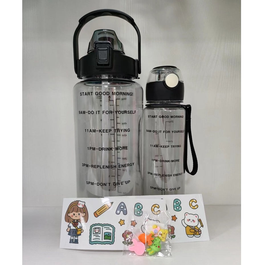 2000ML 2L + 850ml 2in1 Motivational Water Bottle W/ Time Marker Straw BPA Free Locking Flip Flop ...