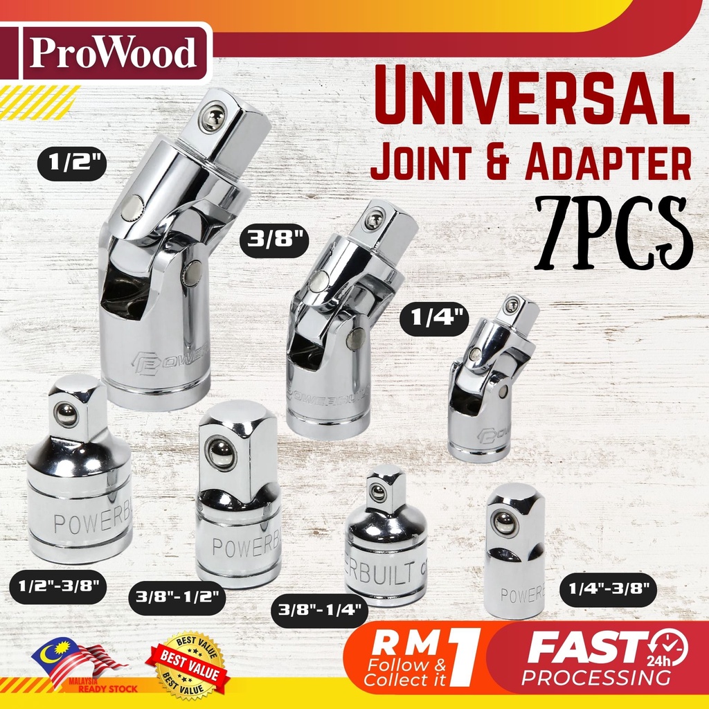 7 PIECES Universal Joint Adapter Set 1/4" 3/8" 1/2" Chrome Swivel ...