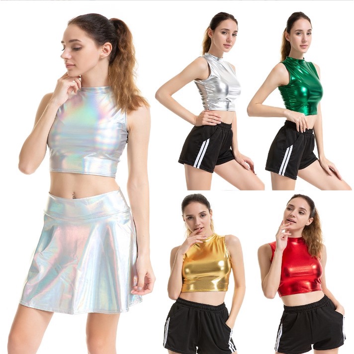 [NDER] Women Tank Top Tank Tops Wet Look Clubwear Crop Top Mock Neck ...