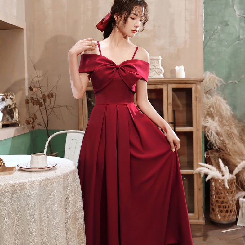 Off shoulder Red Dress Fashion Red New bride engagement dress Autumn ...