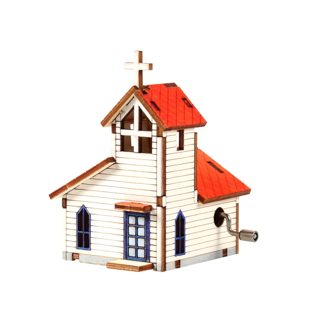 Youngmodeler Hobby Wooden Model Kits Church B Music Box with Hand Crank ...