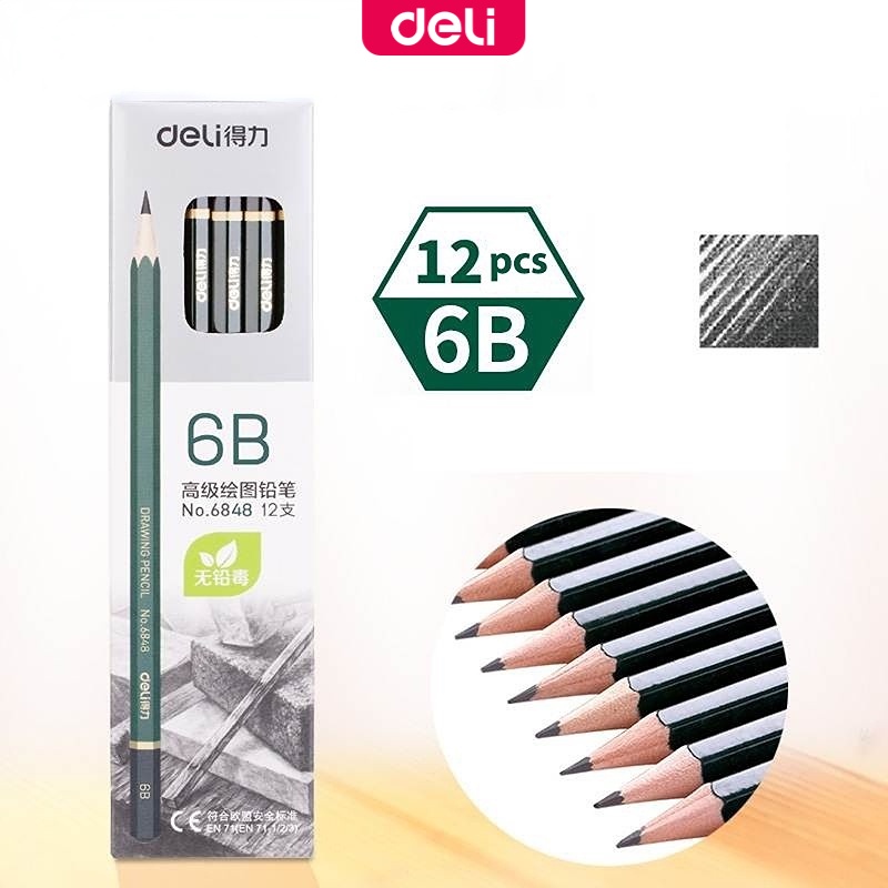 Deli 12Pcs Pencil 6B Professional Sketching Pencil Art Drawing Pencil ...