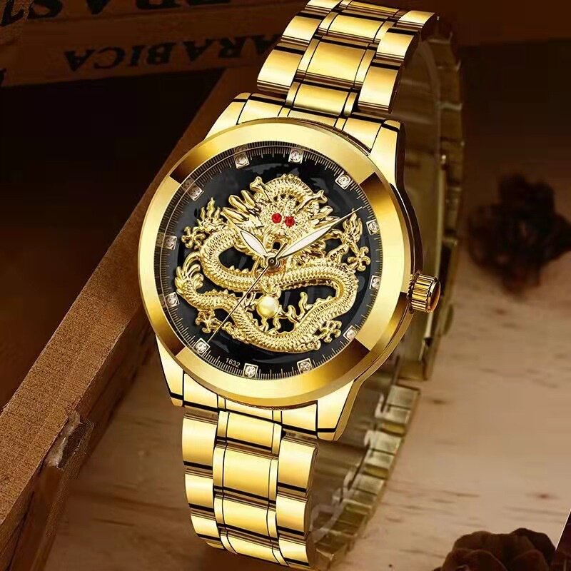 POSHI Mens Watch Luxury Gold Engraving Golden Dragon Quartz Waterproof ...