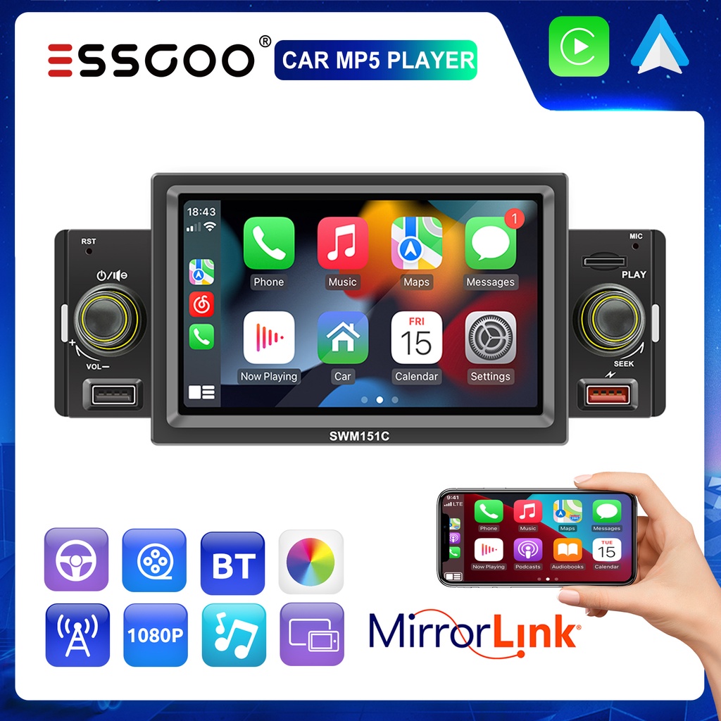 ESSGOO Carplay&Android Auto Single 1 Din Multimedia MP5 Car Player Bluetooth 5" INCH Touch ...