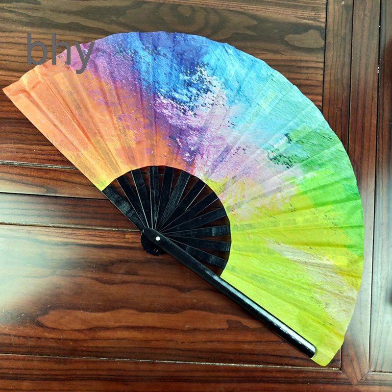 bhy Large Folding Hand Fan Fold Dot Rainbow Print Black Bamboo Festival ...