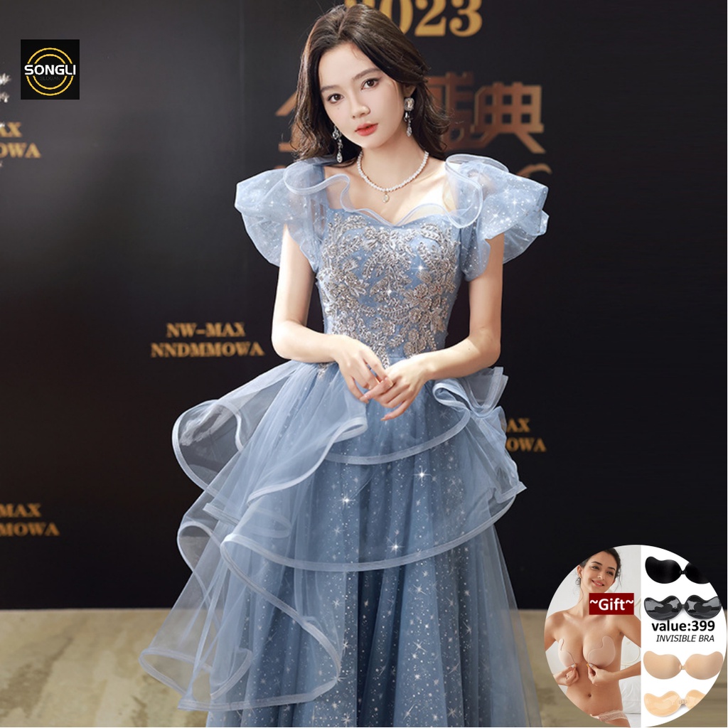 Blue Lace Evening Dress Gown New Annual Meeting Host Dress Banquet ...