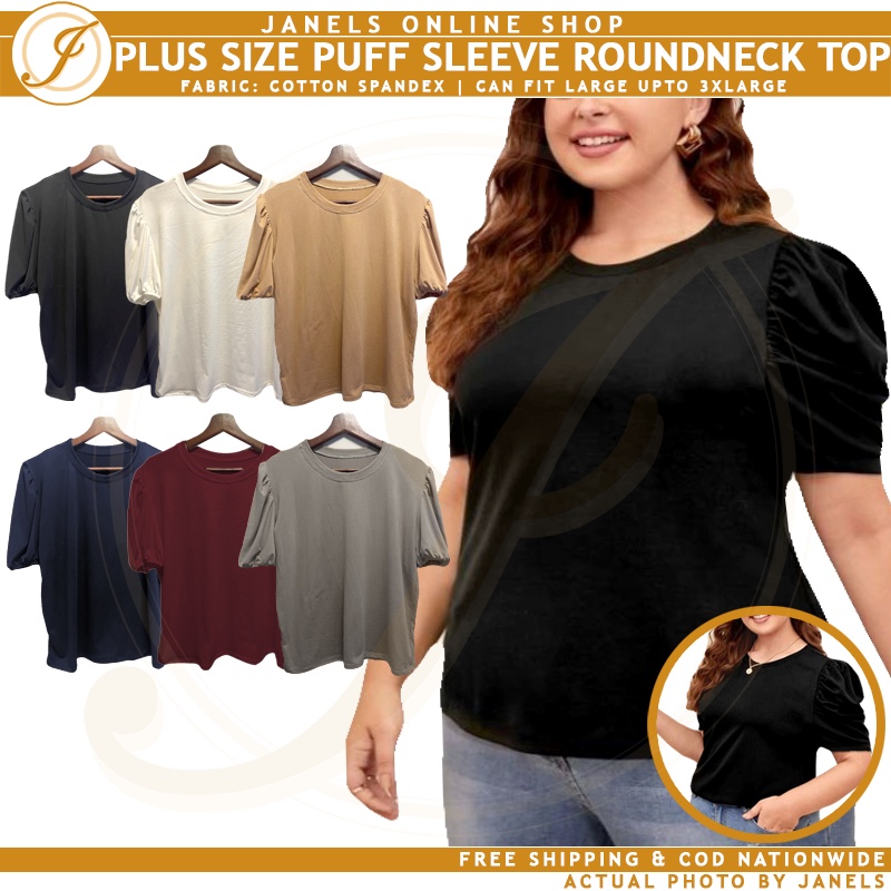 Plus Size Erin Roundneck Puff Sleeve Top Cotton Spandex Formal Puffed ...