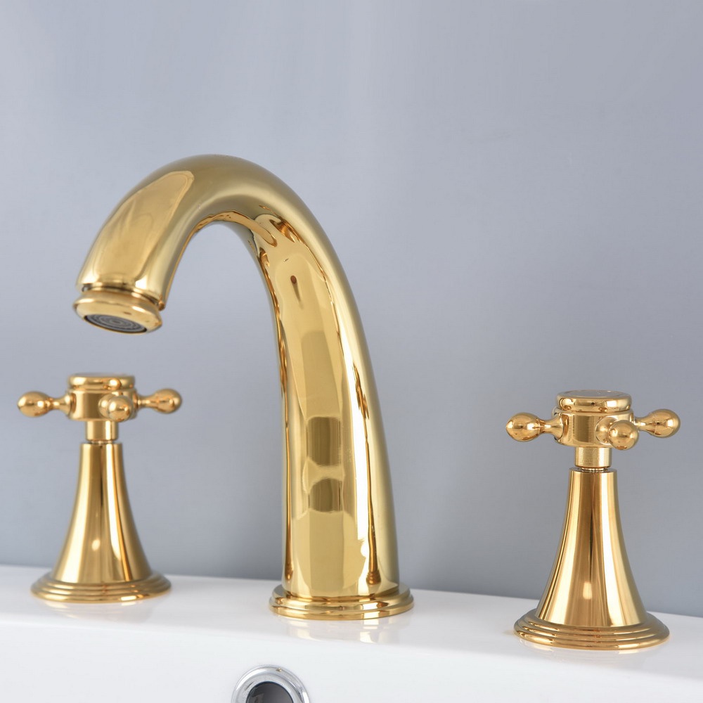 Widespread Double Handle Golden Color Brass Faucet Bathroom 3 Holes ...