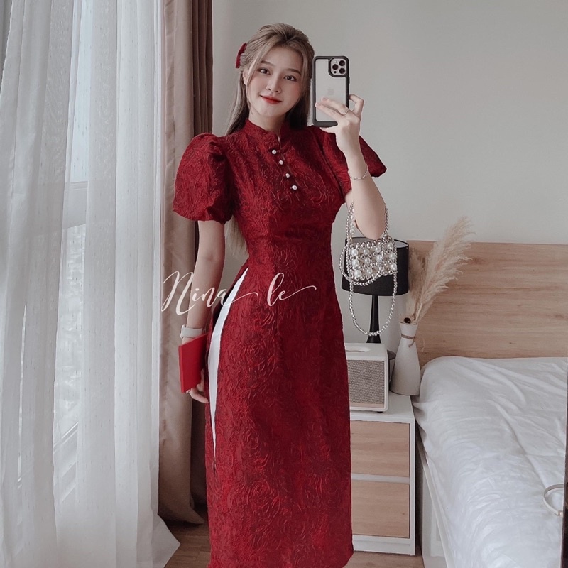 Ao Dai Brocade Rose Puff Sleeve M189 | Shopee Philippines