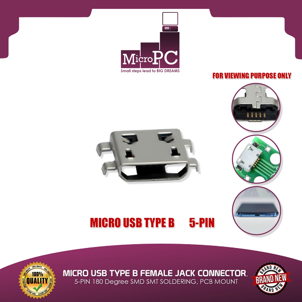 MICRO USB TYPE B FEMALE JACK CONNECTOR, 5-PIN 180 Degree SMD SMT ...