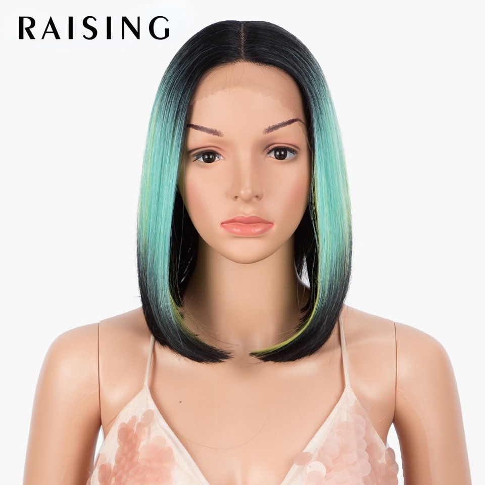 Raising Synthetic Lace Wig Straight Short Bob Ombre Blonde Blue Middle ...
