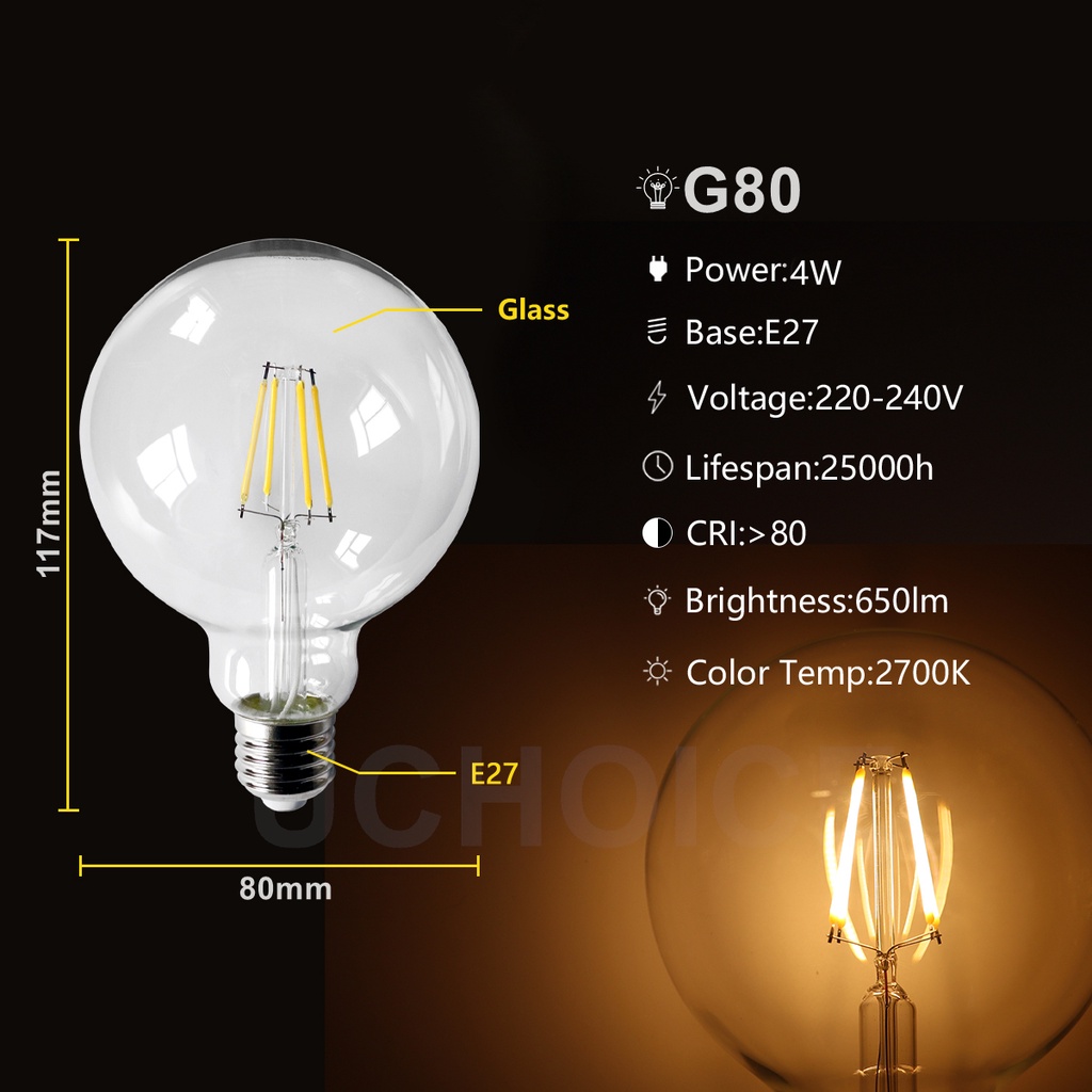 Edison bulb E27 G80 Warm White LED Lights Retro Candle Lights COB Light ...