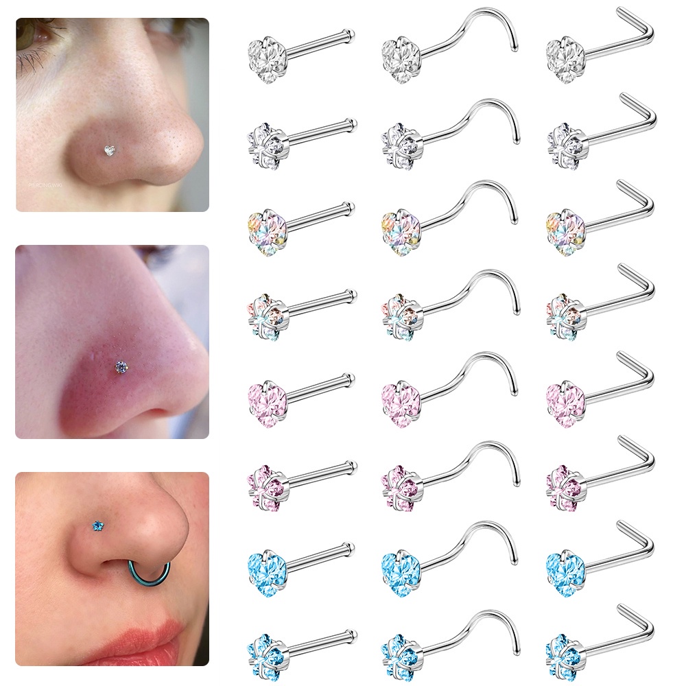 1 Pc Colorful Crystal Stainless Steel Nose Piercing Round Heart Star CZ ...