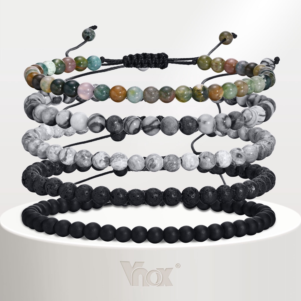 VNOX 4mm/6mm Black Gallstone Map Stone Marble Adjustable Bracelet for ...