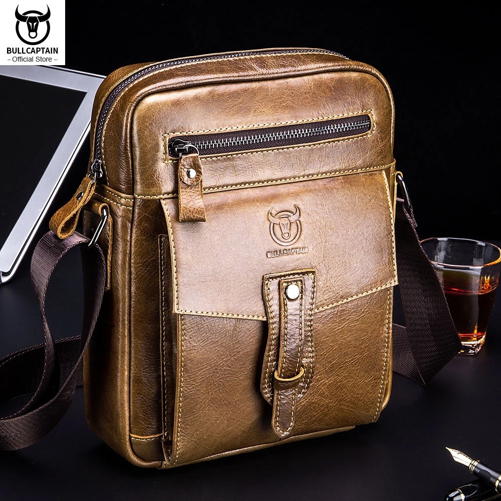 BULLCAPTAIN retro leather Messenger bag men's casual shoulder bags men ...