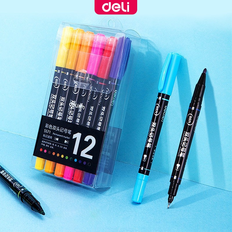 Deli 12Colors Set Permanent Marker Pen Double Head Design S571 | Shopee ...