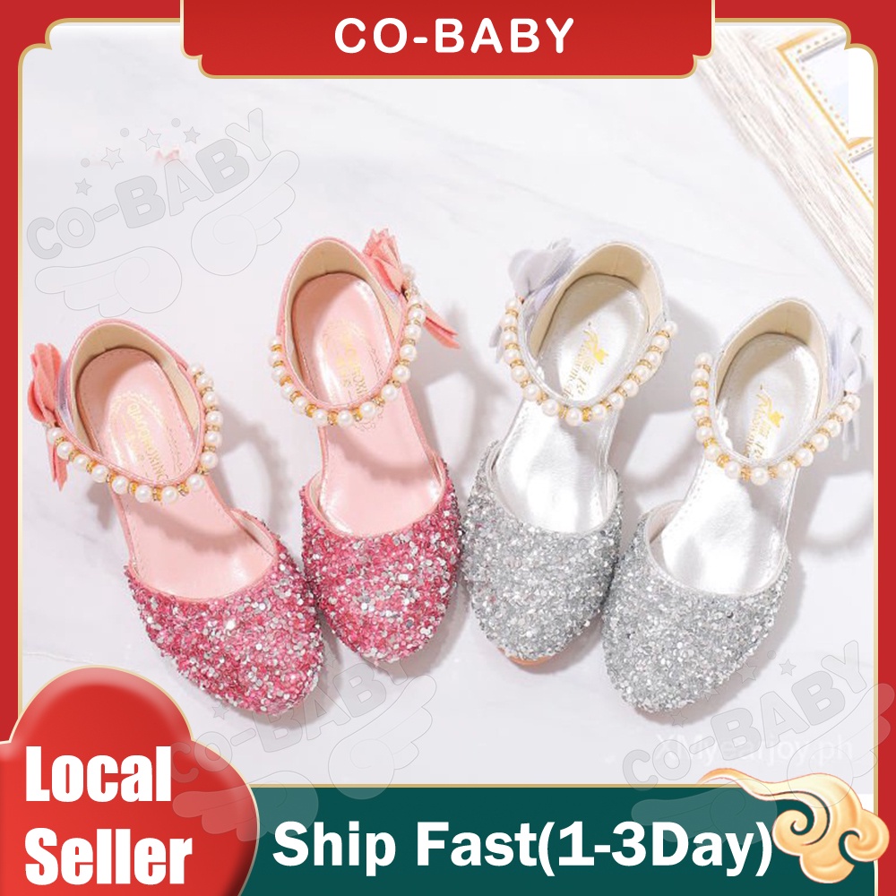 Girls High Heel Princess Shoes Silver With Children's Full Dress Shiny ...