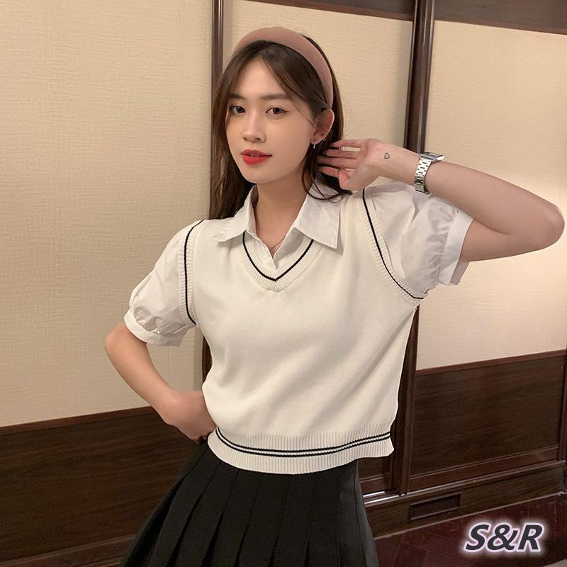 Fake Two Piece Short Shirt Women Design Color Block Splicing Slim Polo