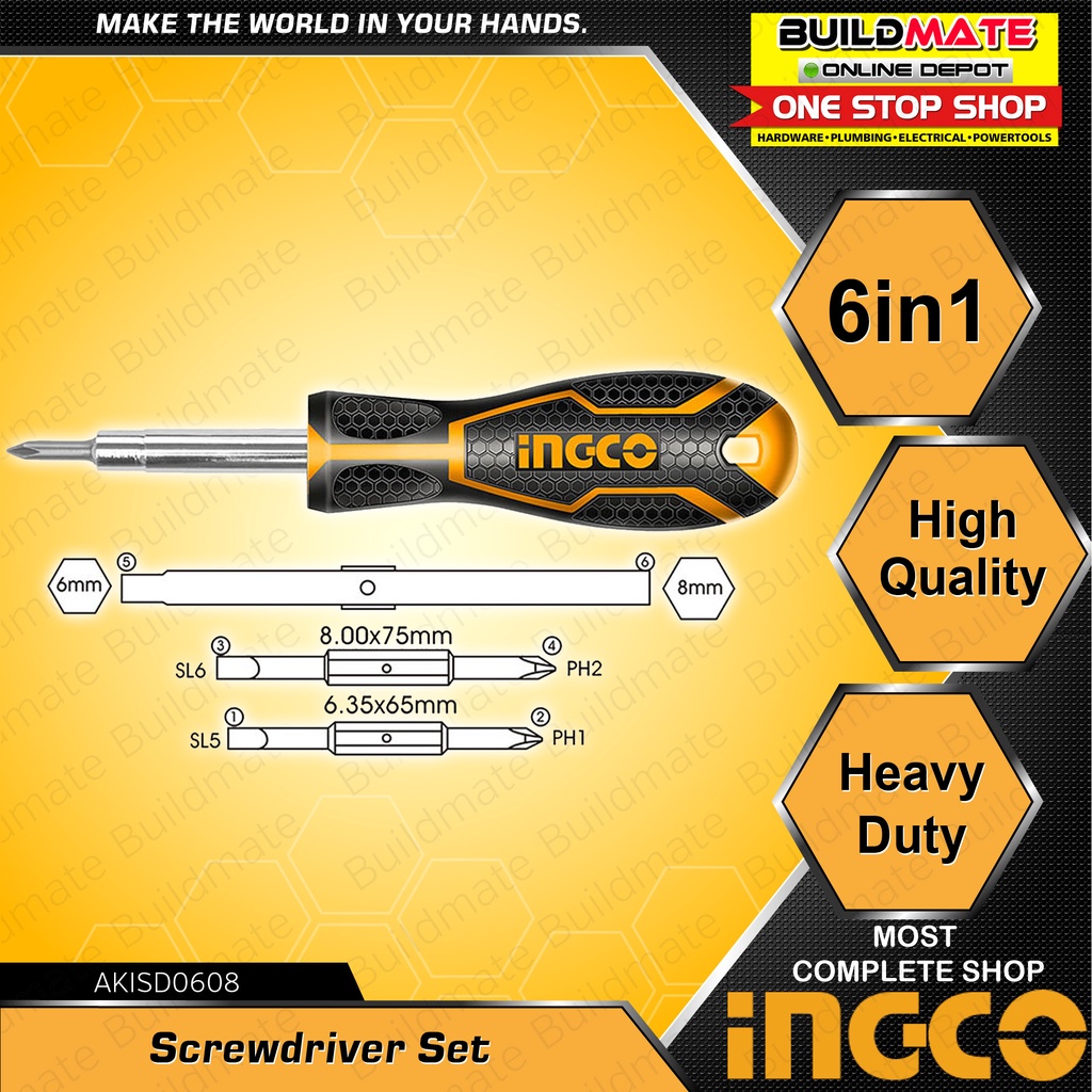 BUILDMATE Ingco Screwdriver Set 6 in 1 with Two Way Bit Screw Driver ...