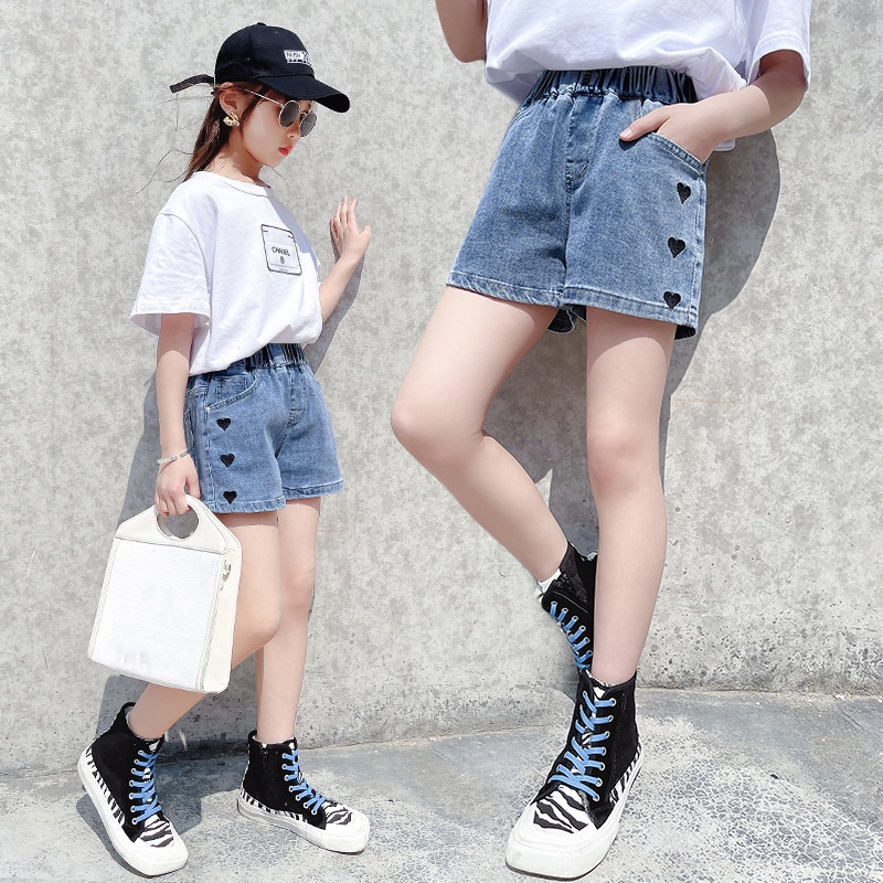 New Korean Casual Denim Short For Girls Fashion Cute Embroided Heart ...