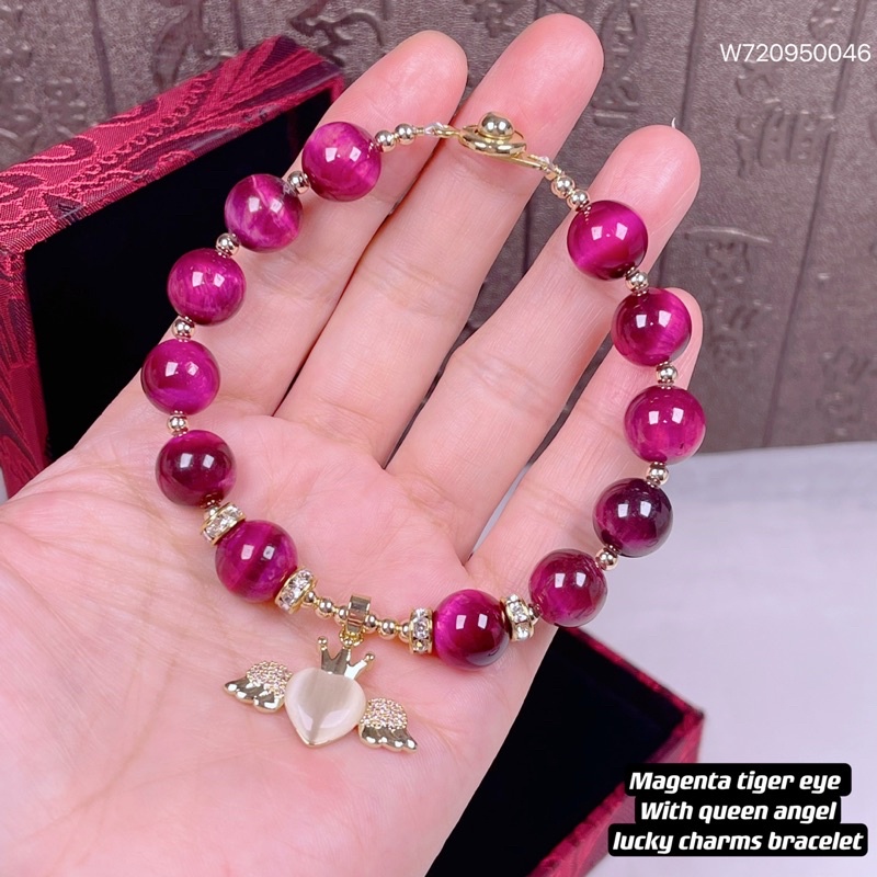 (wikacharms) magenta tiger eye with queen angel lucky charms bracelet ...