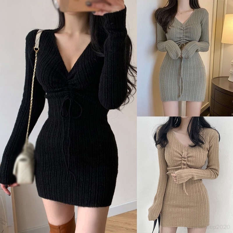 Womens V Neck Knitted Dress Drawstring Pleated Slim Long Sleeved Sexy