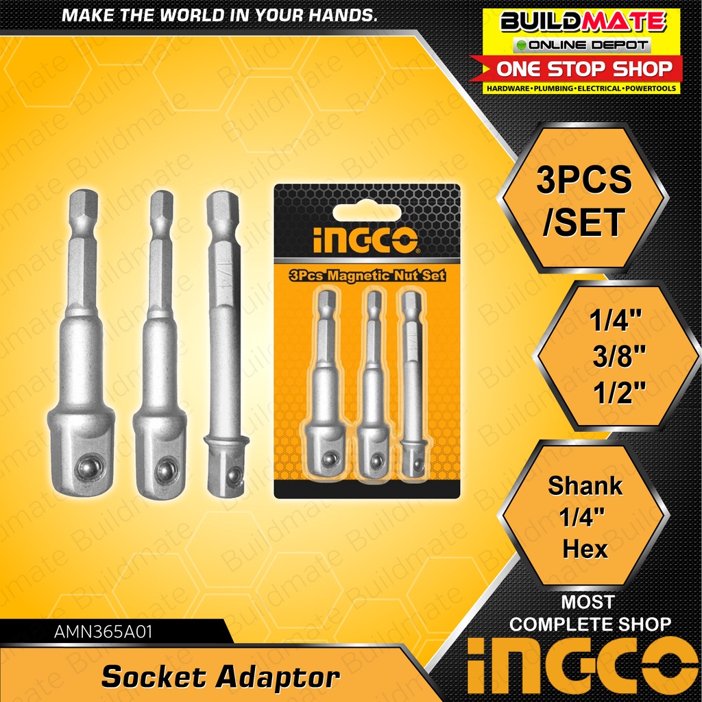 BUILDMATE Ingco Socket Adaptor Set 3PCS with 1/4" Hex Shank Drill Drive Nut Setter AMN365A01 ...