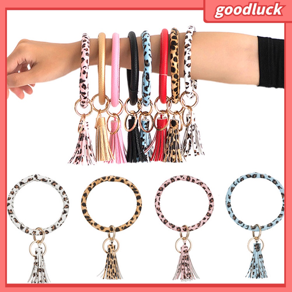ps/Women Leopard Solid Color Tassel Bracelet Wristlet Keychain Key Ring ...