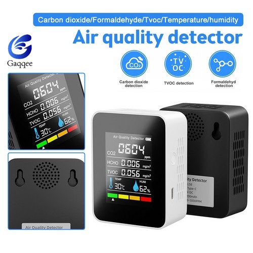 GAQQEE Portable 5 IN 1 CO2 Meter Temperature Humidity Detector Air Quality Monitor TVOC HCHO ...